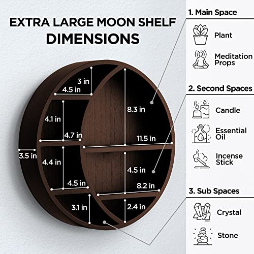 DalNim Extra-Large 18-inch β Premium Moon Shelf β Brown Shelves for Wall Decor β Wooden Display Shelves with 2 Secure Hooks β Healing Crystal and Stone Shelf for Living Room, Meditation Room, Nursery