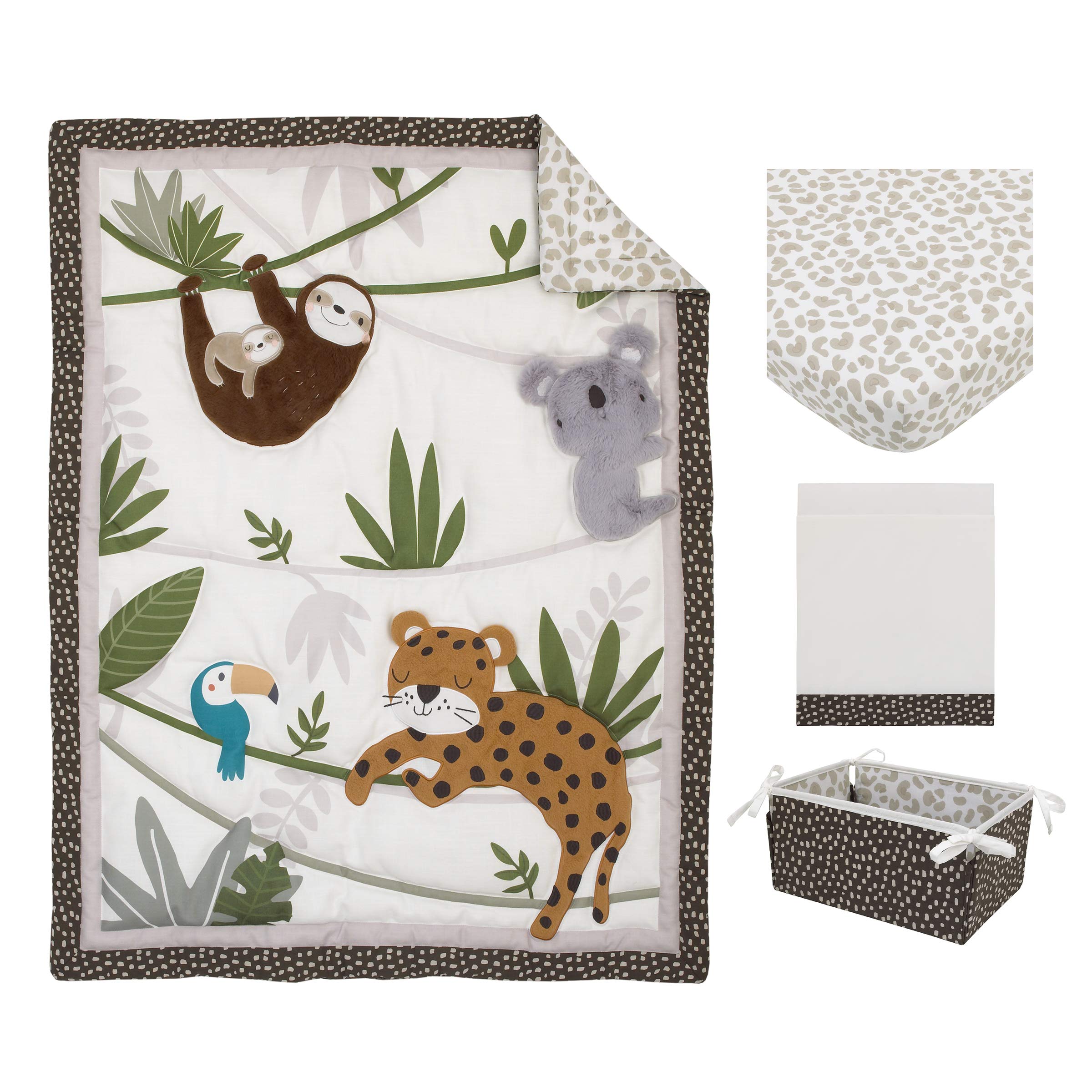 NoJo Jungle Gym 4 Piece Nursery Crib Bedding Set - Grey, Brown and Green Comforter, 100% Cotton Fitted Crib Sheet, Crib Skirt, and Storage