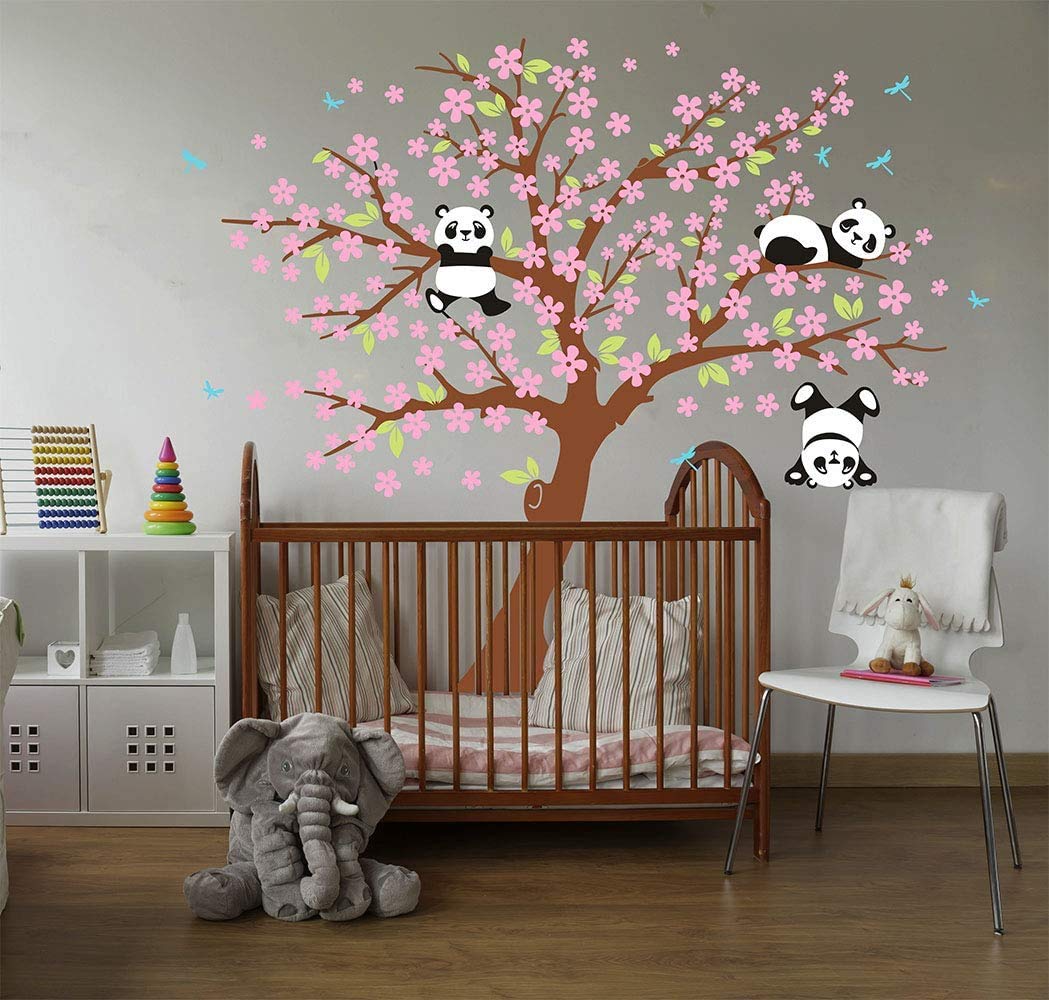 LUCKKYY Three Pandas Plying on Cherry Blossom Trees Branches Wall Decal Tree Wall Decal Tree Wall Sticker Nursery Bedroom Kid Baby Wall Decals Forest Mural Paper Nursery Vinyl Removable (Brownpink+)