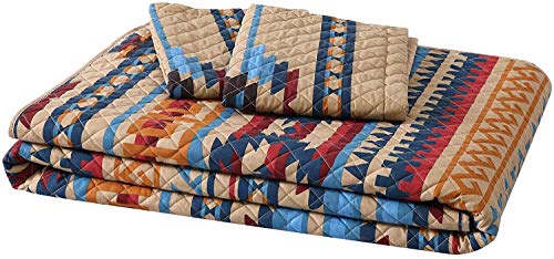 Chezmoi Collection Wyoming 3-Piece Southwestern Quilt Set - Geometric Tribal Multicolor Beige Brown Blue Red Printed Pre-Washed Microfiber Bedspread Set, Queen Size
