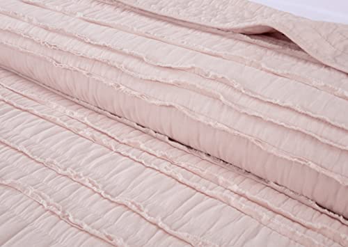 Chezmoi Collection Katy 3-Piece Frayed Edge 100% Washed Cotton Quilt Set - Soft-Finished Lightweight Bedspread All Season Bedding, King, Blush