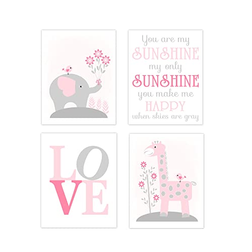Baby Girl Nursery Art Pink Gray Elephant Giraffe You Are My Sunshine LOVE Grey Chevron Bird Flower Baby Nursery Decor Nursery Wall Art SET OF 4 UNFRAMED PRINTS