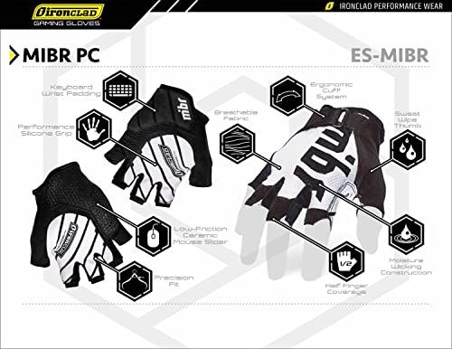 Ironclad MIBR PC Gaming Gloves, Precision Fit, Performance Grip, Machine Washable, (1 Pair), Size L (ES-MIBR-04-L)