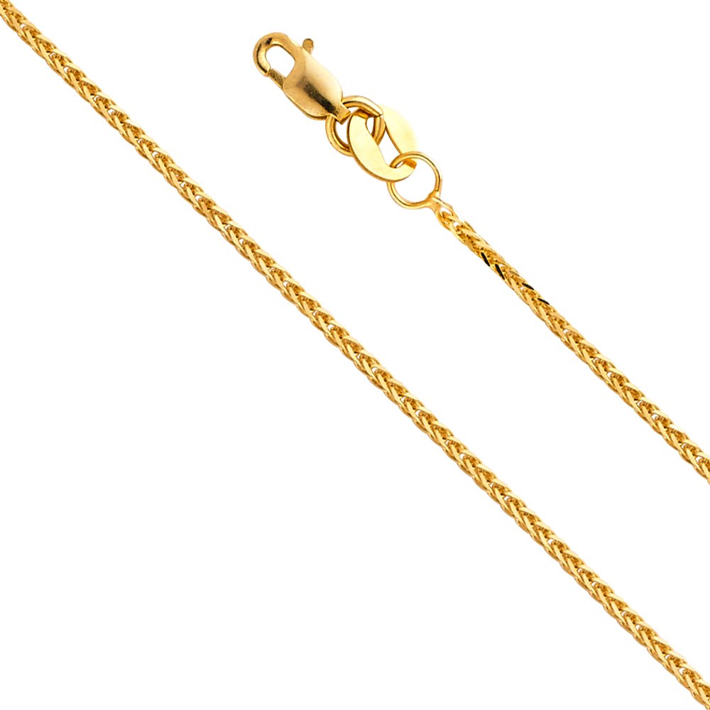 14k REAL Yellow Gold Solid 0.8mm Diamond Cut Braided Square Wheat Chain Necklace with Lobster Claw Clasp - 20"