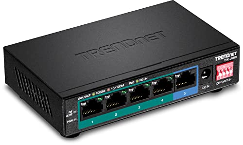 TRENDnet 5-Port Gigabit Long Range PoE+ Switch, 4 x Gigabit PoE+ Ports, 1 x Gigabit Port, 32W PoE Budget, 10Gbps Switching Capacity, Extends PoE+ 200m (656 ft), Lifetime Protection, Black, TPE-LG50