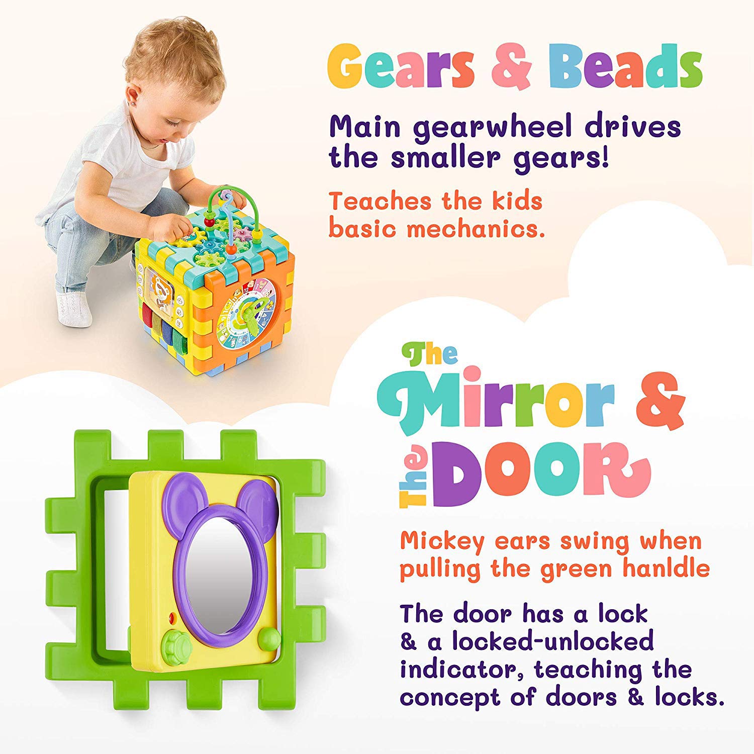 BABYSEATER Baby Activity Cube β 6-in-1 Multi-Assembly Activity Square for Babies 10m+ β BPA-Free Play Cube for Infants & Toddlers Teaches Cognitive & Motor Skills with Music, Shapes, Gears & More