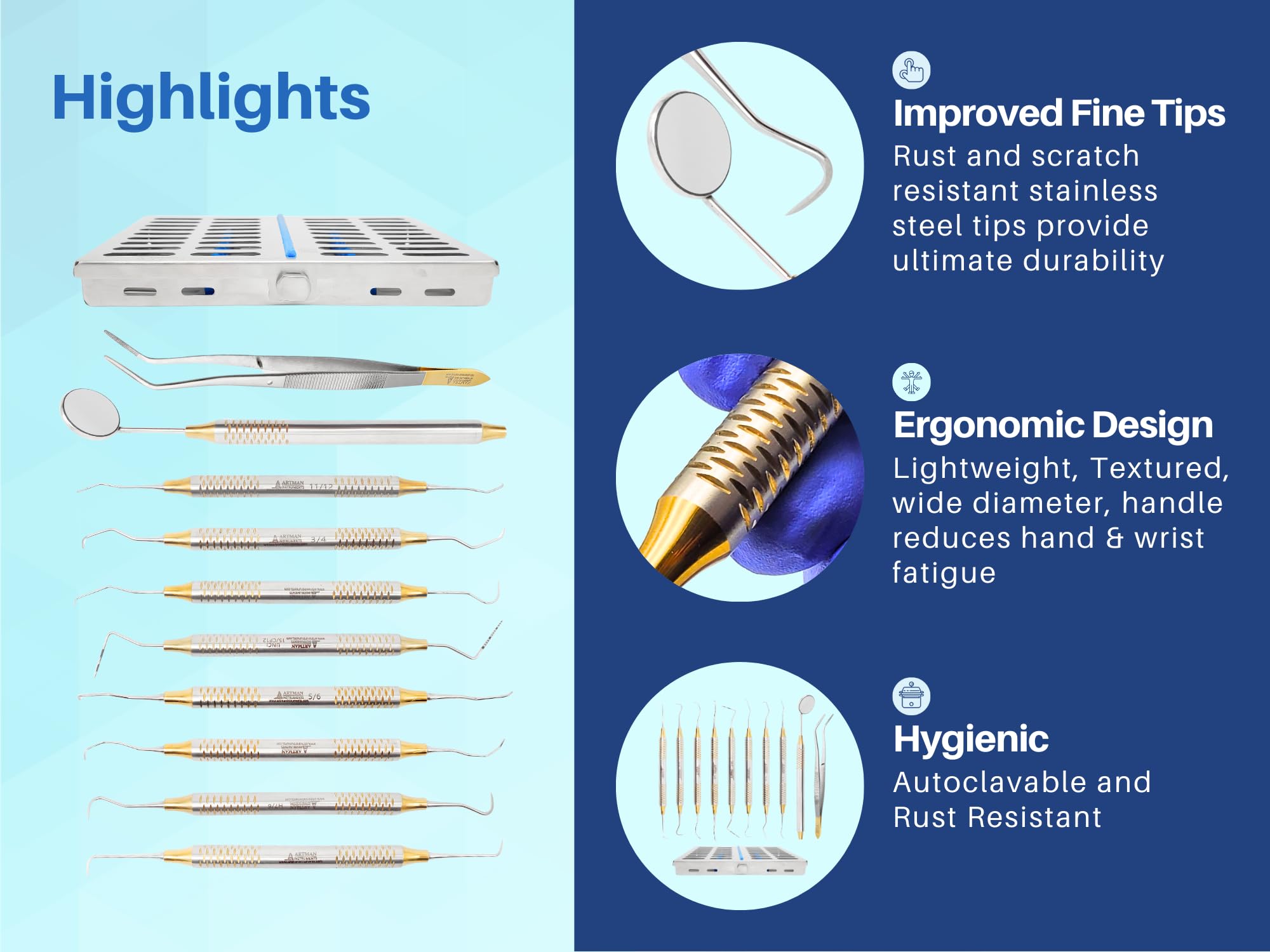 ARTMAN INSTRUMENTS Dental Hygienist Tool Kit (10 PCs) β Includes Mirror, Probe, Tweezer, Scalers, Pocket Probe, Curettes β Prophylaxis Teeth Cleaning Set, Autoclavable, with Sterilization Cassette