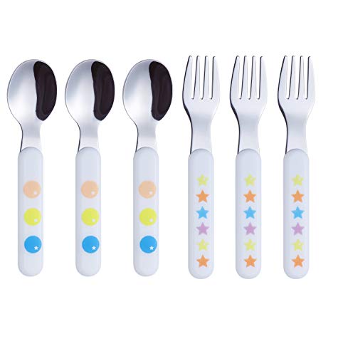 ANNOVA Kids Silverware 6 Pieces Stainless Steel Children's Flatware Set 3 x Forks, 3 x Dinner Spoons Plastic Handle, Toddler Utensils Without Knives, for Babies, Infants BPA Free - Dots Stars