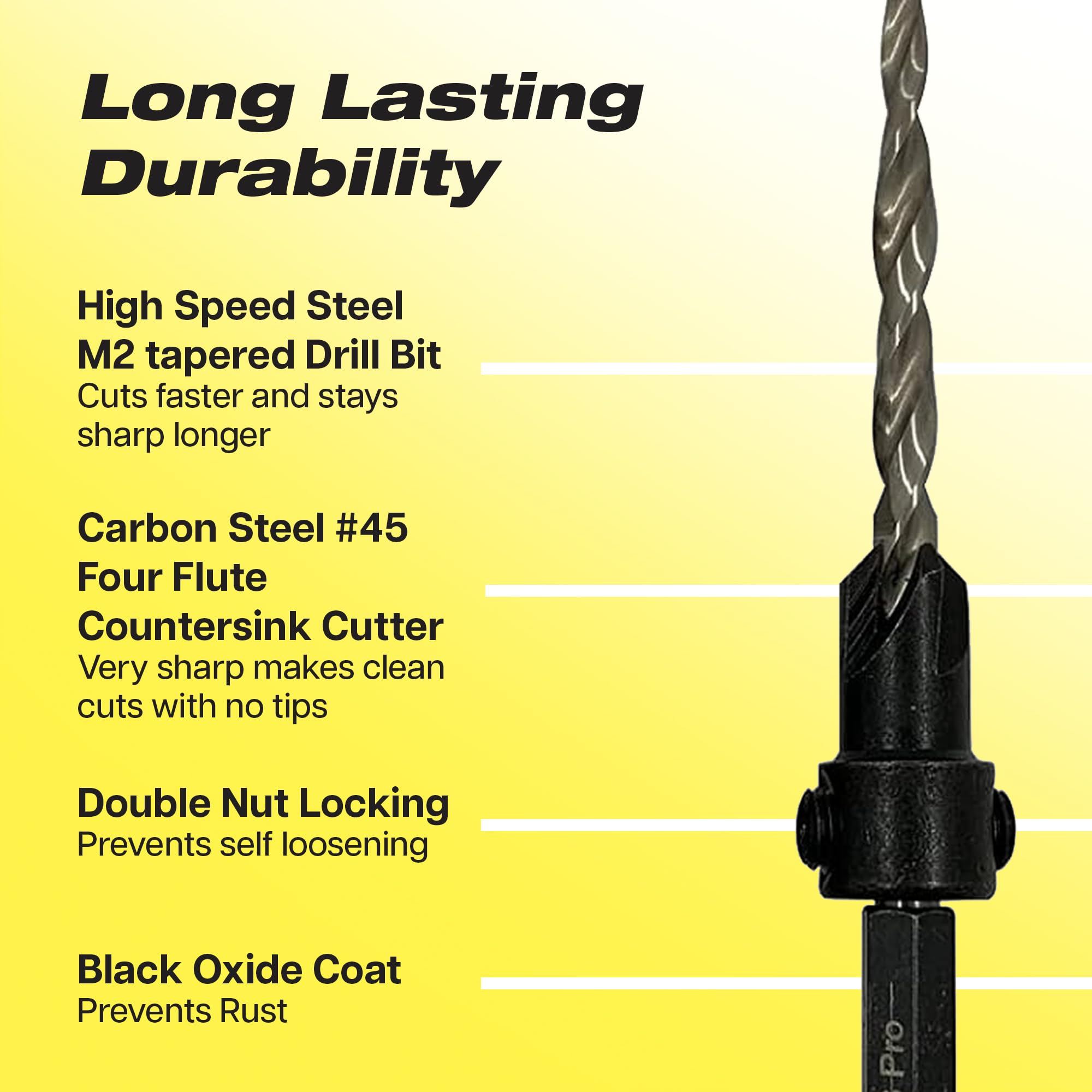 JNB Pro Wood Countersink Drill Bit Set 3 Pieces #6 (9/64') #8 (11/64") #10 (3/16") Avellanador para Madera with Adjustable Stop Collar and Hex Wrench - Quick Change Woodworking Drill Bits
