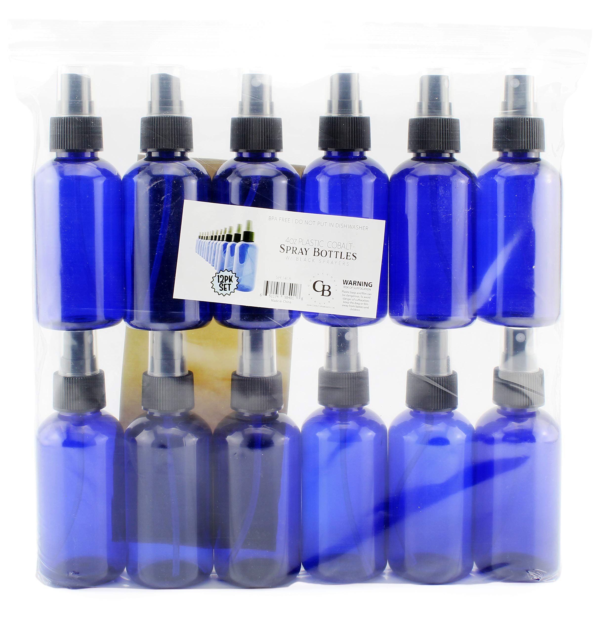 Cornucopia 4oz Blue PLASTIC Fine Mist Spray Bottles (12-Pack); BPA-Free Plastic Spritzer Bottles, Labels Included; PET #1 Plastic Bottles