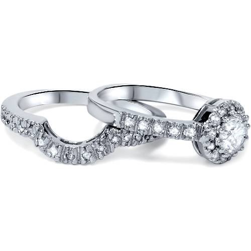 1ct Halo Diamond Engagement Wedding Ring Set 10K White Gold - Size 6.5