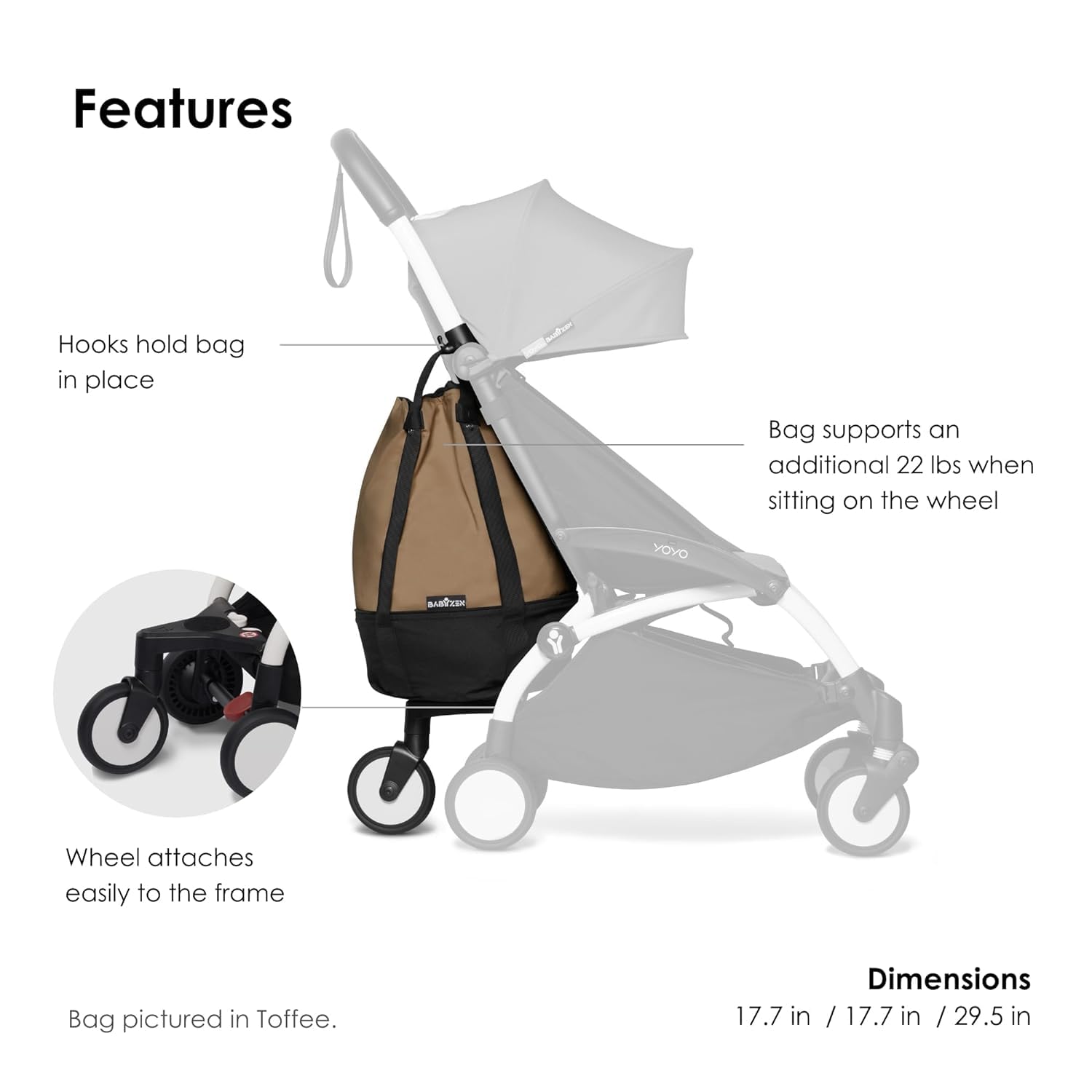 Babyzen YOYO Bag, Grey - Provides Additional, Sturdy Storage on the YOYO2 Stroller - Includes Wheel Base & Hooks