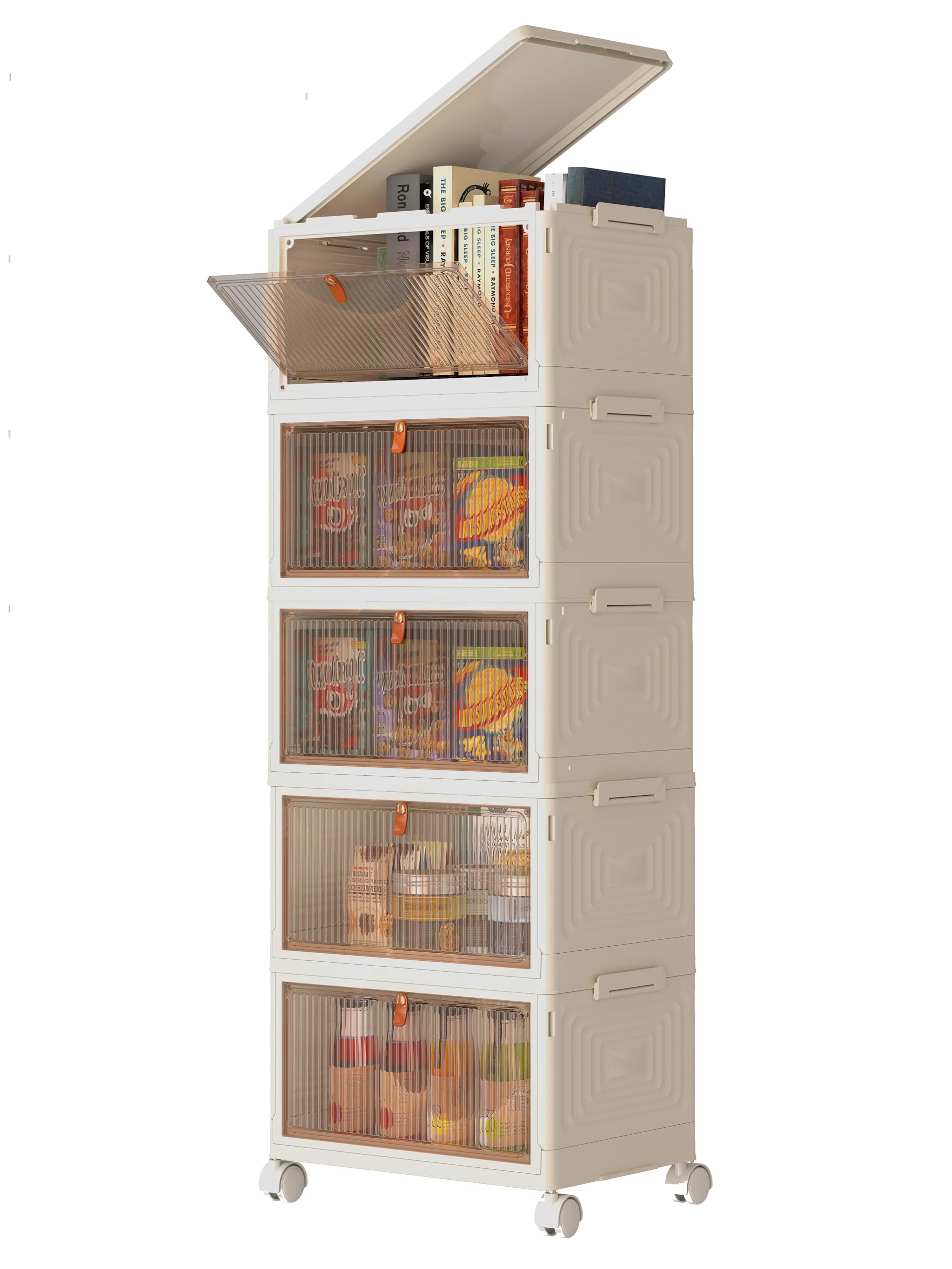 5 Tier Stackable Storage Bins with Lids, 28Qt Plastic Storage Containers with Magnetic Doors & Wheels, Convenient Storage Bins Closet Organizers, Household Organization for Home, Party, Office, Dorm
