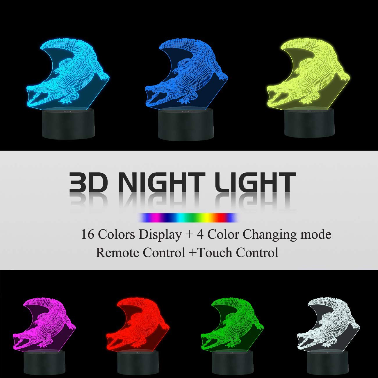 FULLOSUN Crocodile Gifts, 3D Alligator Night Light for Children with Remote Control, Timer, 16 Colors Changeable Christmas Birthday Gifts Suitable for Boys Aged Above 3, 4, 5, 6 +