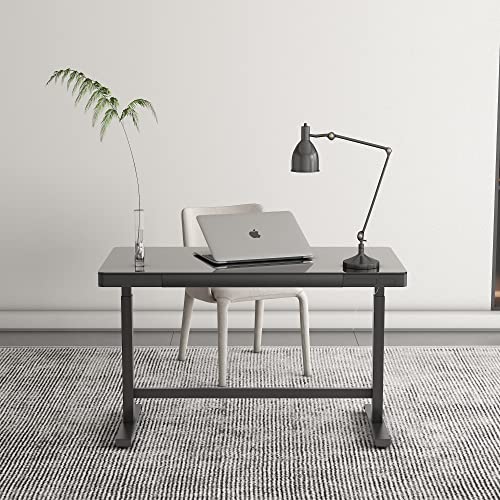 JAHRSTIM Jefferson Glass Standing Desk with Drawer, 48 x 24 Inches Modern Height Adjustable Desk Home Office Sit Stand Up Desk, Electric Motorized Uplift, Memory Control, Child Lock, Black