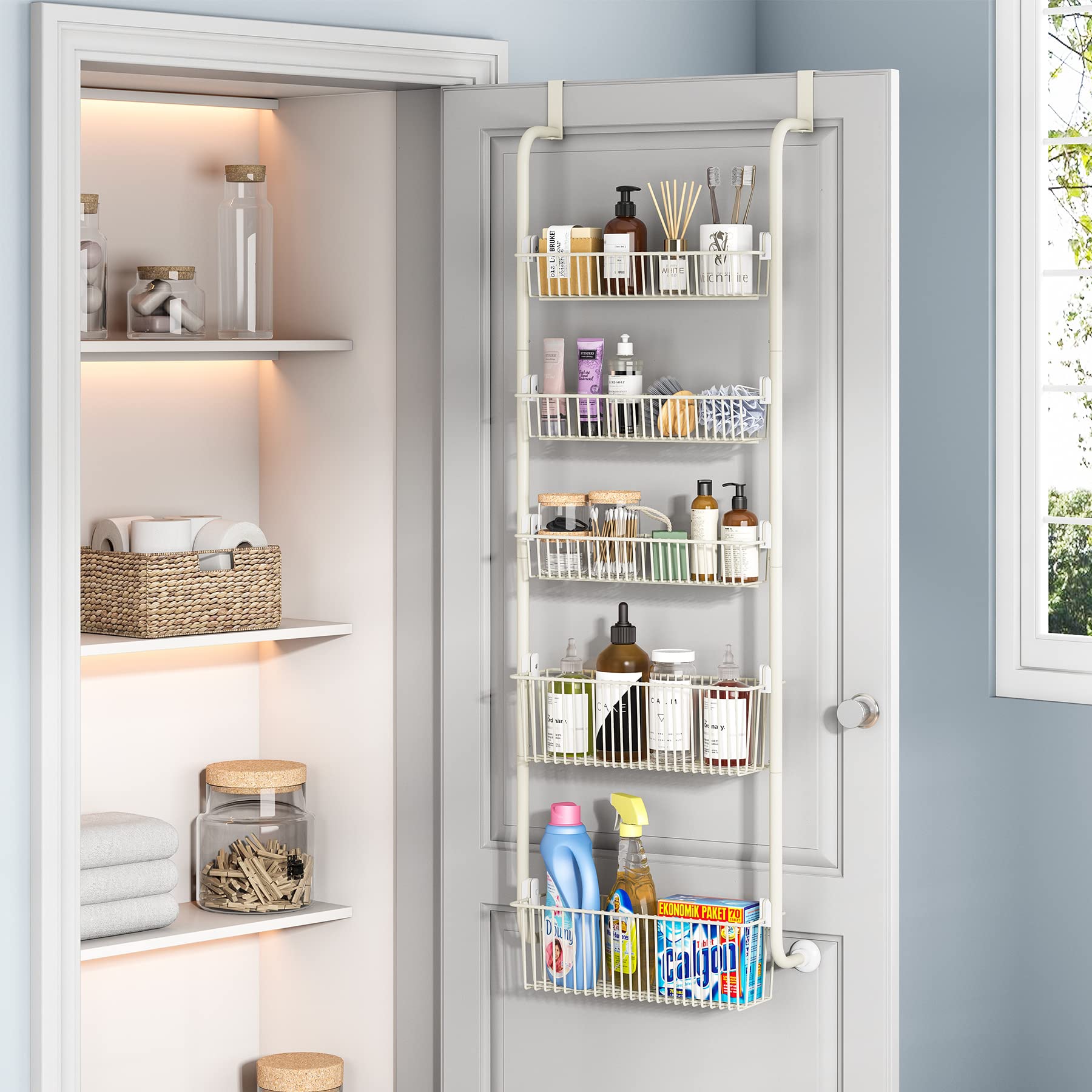 1Easylife 4 Baskets Pantry Door Organization and Storage, Heavy-Duty Metal Kitchen Spice Rack Over Door Can Organizer (2x4.72+2x5.9 Width Baskets, Bronze)