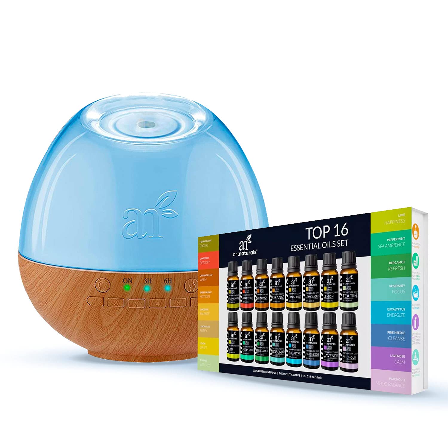 artnaturals Sound Machine Diffuser & Essential Oil Set - (300ml Tank & Top 16 Set) - 6 Calming Natural Sounds - Aromatherapy and White Noise for Relaxation and Sleeping - Baby, Kids, and Adults