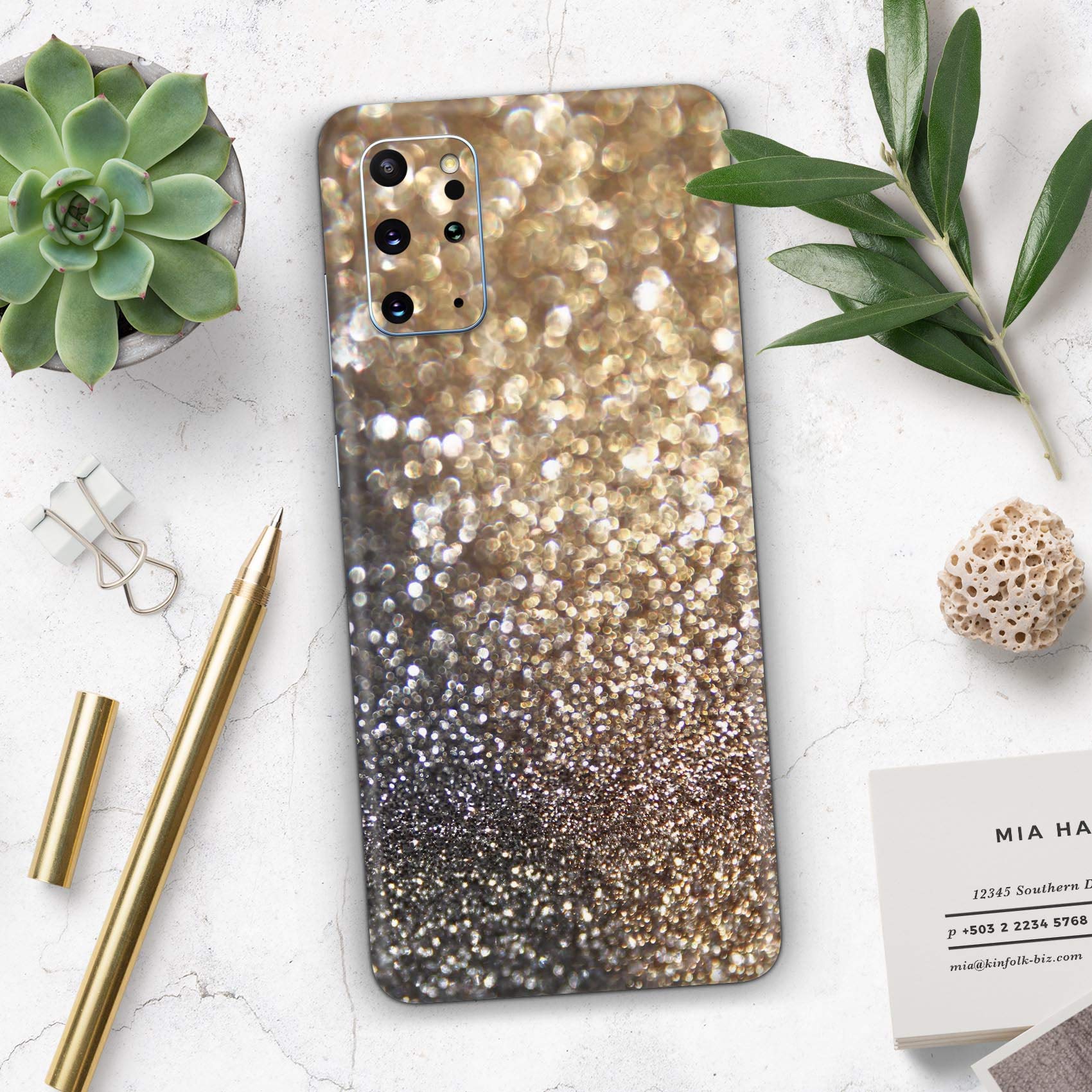 DesignSkinz Gold and Black Unfocused Glimmering Rainfall Protective Vinyl Decal Wrap Skin Cover Compatible with The Samsung Galaxy S20 (Screen Trim & Back Glass Skin)