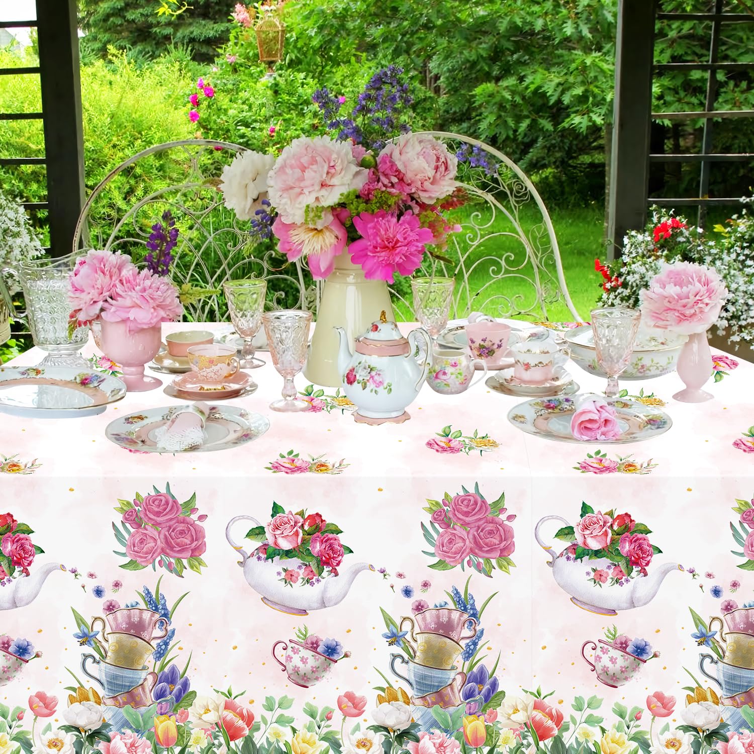 4 Pack Tea Party Decoration Floral Tea Party Tablecloth Tea Party Birthday Supplies 86β x 51β Rectangle Plastic Spring Disposable Floral tea party Table Cover Baby Shower Floral Birthday Decorations