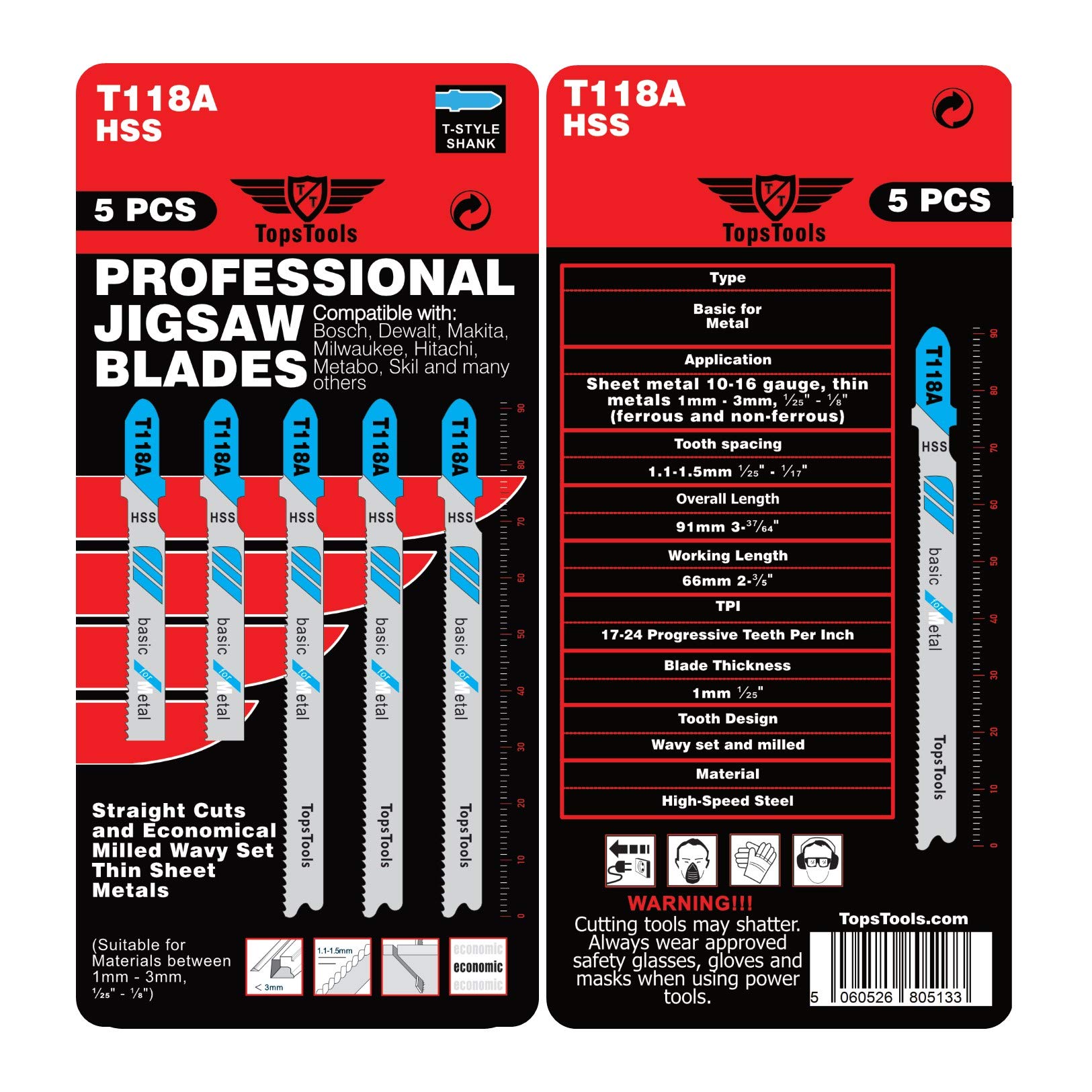 25 x TopsTools T118A Metal Cutting Jigsaw Blades Compatible with Bosch, Dewalt, Makita, Milwaukee and many more