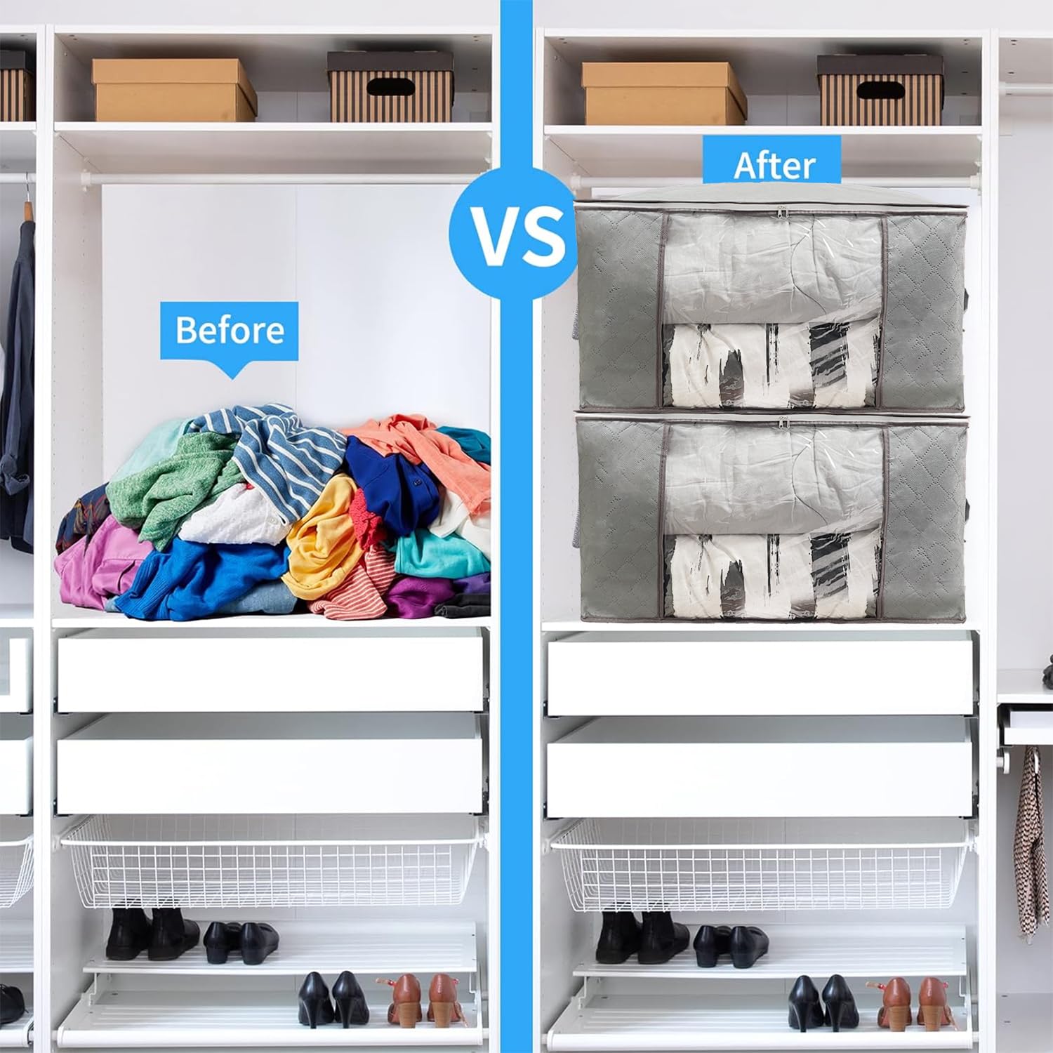 4 Pack 90L Large Storage Bag, Foldable Clothing Storage Container with Zipper and Durable Handle for Clothing, Blankets, Pillows, Toys, Gray