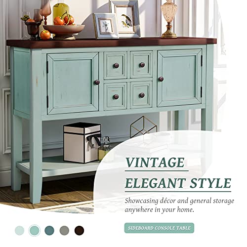 Knocbel Vintage Wood Console Table Buffet Sideboard with 4 Storage Drawers, 2 Cabinets & Bottom Shelf, Entryway Hallway Foyer Table Cupboard Coffee Bar Cabinet, 46" L x 15" W x 34" H (Antique Blue)
