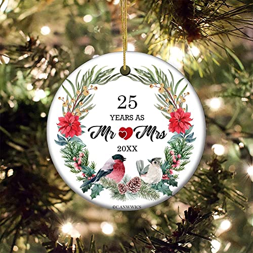 25 Years as Mr. and Mrs. 2023 Lovebirds Ceramic Christmas Tree Ornament Collectible Holiday Keepsake 2.8" Round Ornament in Decorative Gift Bag