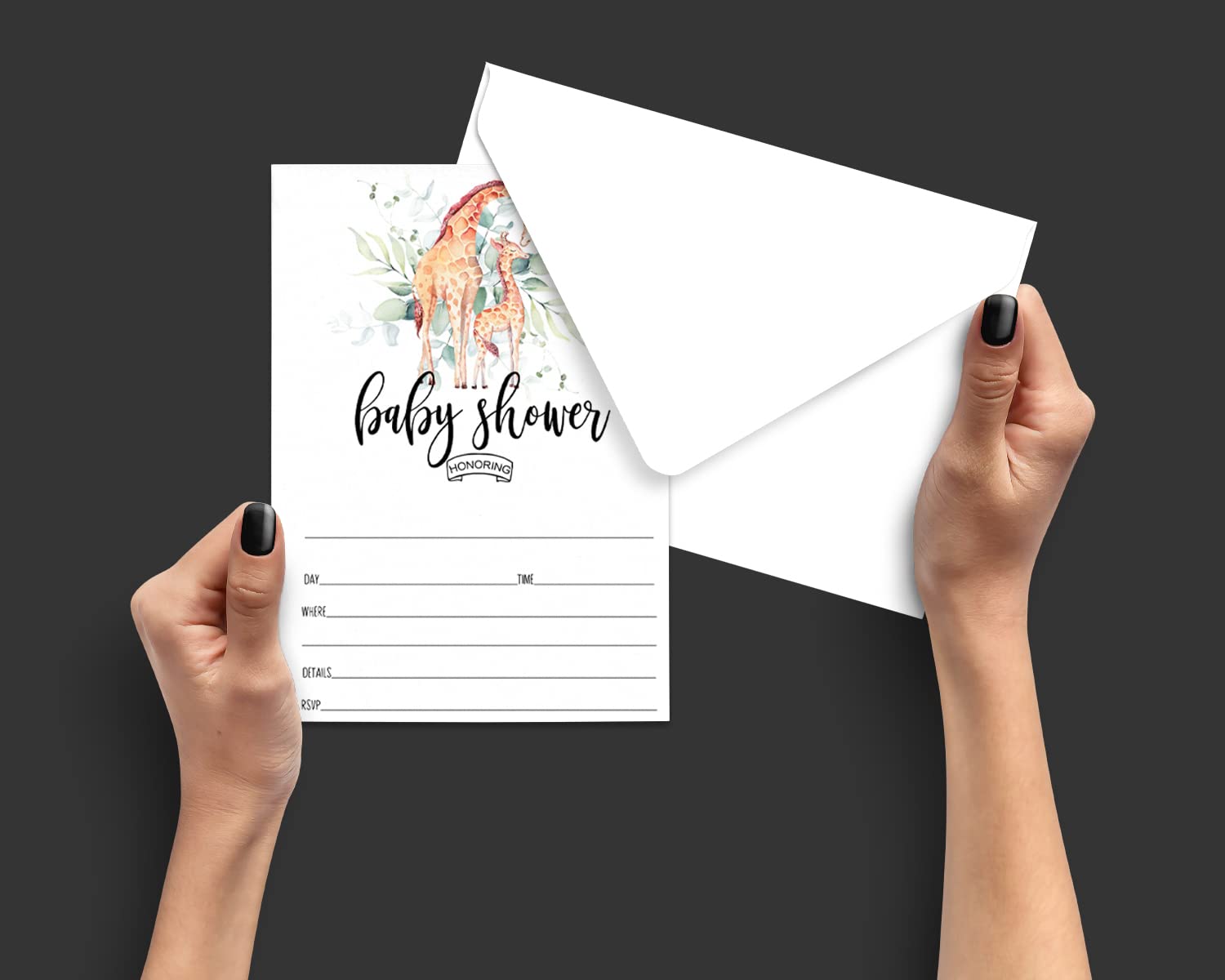 Giraffe Baby Shower Invitations Gender Neutral (25 Pack) Blank Invites for Reveal Parties – Greenery Theme Boy or Girl – Handwrite Party Details on Printed Invitation with Envelope Set 5x7