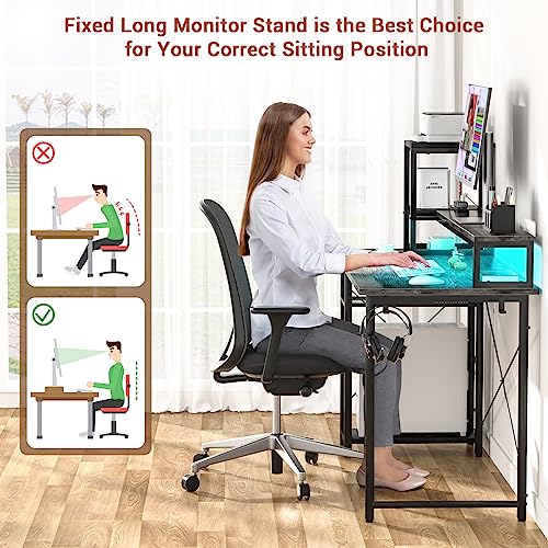 armocity 2023 Upgrade Gaming Desk with LED Lights, Small Computer Desk with Long Monitor Stand, 40'' Reversible Laptop Table with Storage Shelves, Small Desk for Small Spaces, Gaming Room, Grey