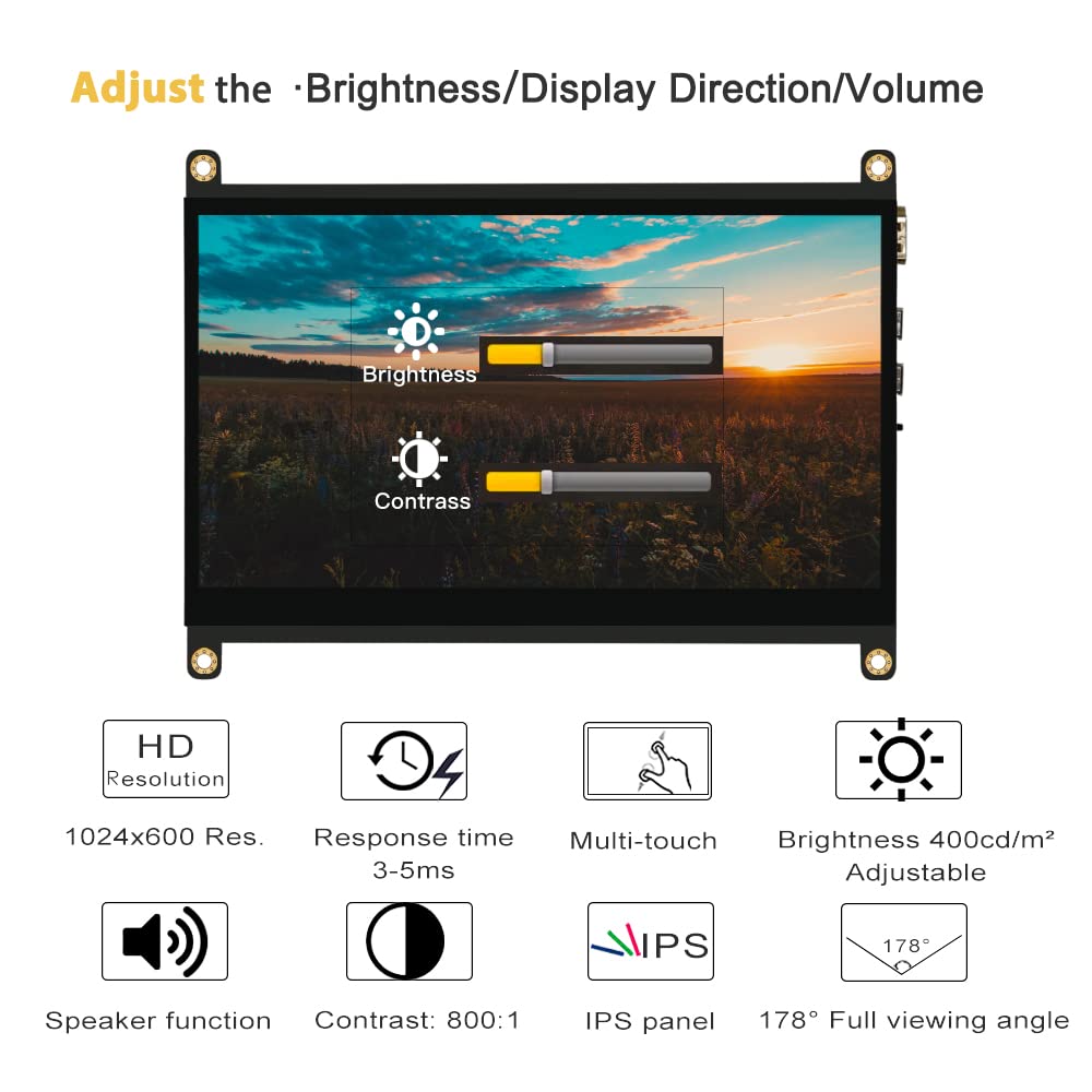 Lesown 7 inch Raspberry Pi Monitor Touchscreen with Case, Touch Display 7 inch Monitor Raspberry Pi 5 Screen 1024x600 IPS Small HDMI Monitor Speakers for Raspberry Pi 5 4 3 Win, Driver Free