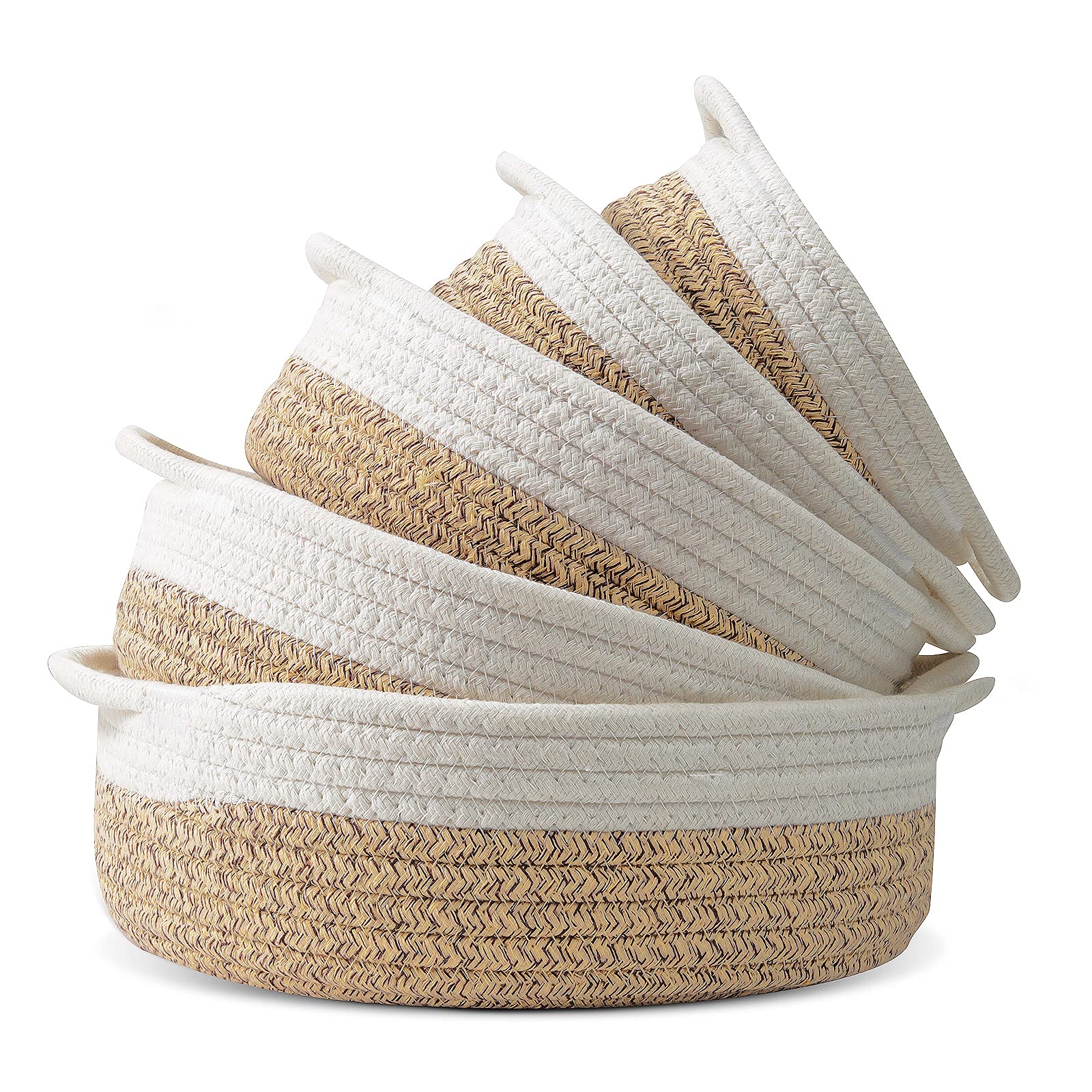 VIEIRO Storage basket set of 5 100percent cotton rope woven small baskets, household storage bins with handles, used for nursery supplies, clothes/toys/keys/books/cosmetics/woven storage basket,Brown