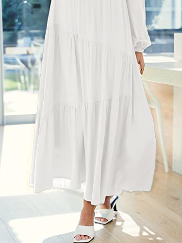 ANRABESS Women’s Boho Casual Loose Puff Long Sleeve Crewneck Asymmetric Tiered Beach Maxi Long Dress 596bai-M White