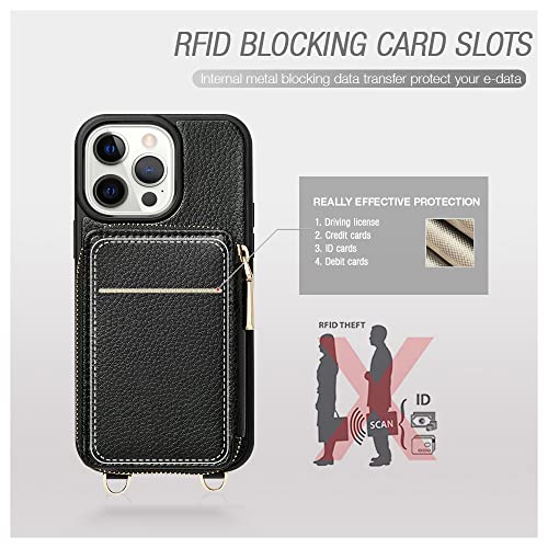 ZVE iPhone 12 Pro/iPhone 12 Zipper Wallet Case, Crossbody Phone Case with RFID Blocking Credit Card Holder Wrist Strap Purse Cover Gift for Women for iPhone 12 Pro/iPhone 12(6.1 inch)-Black