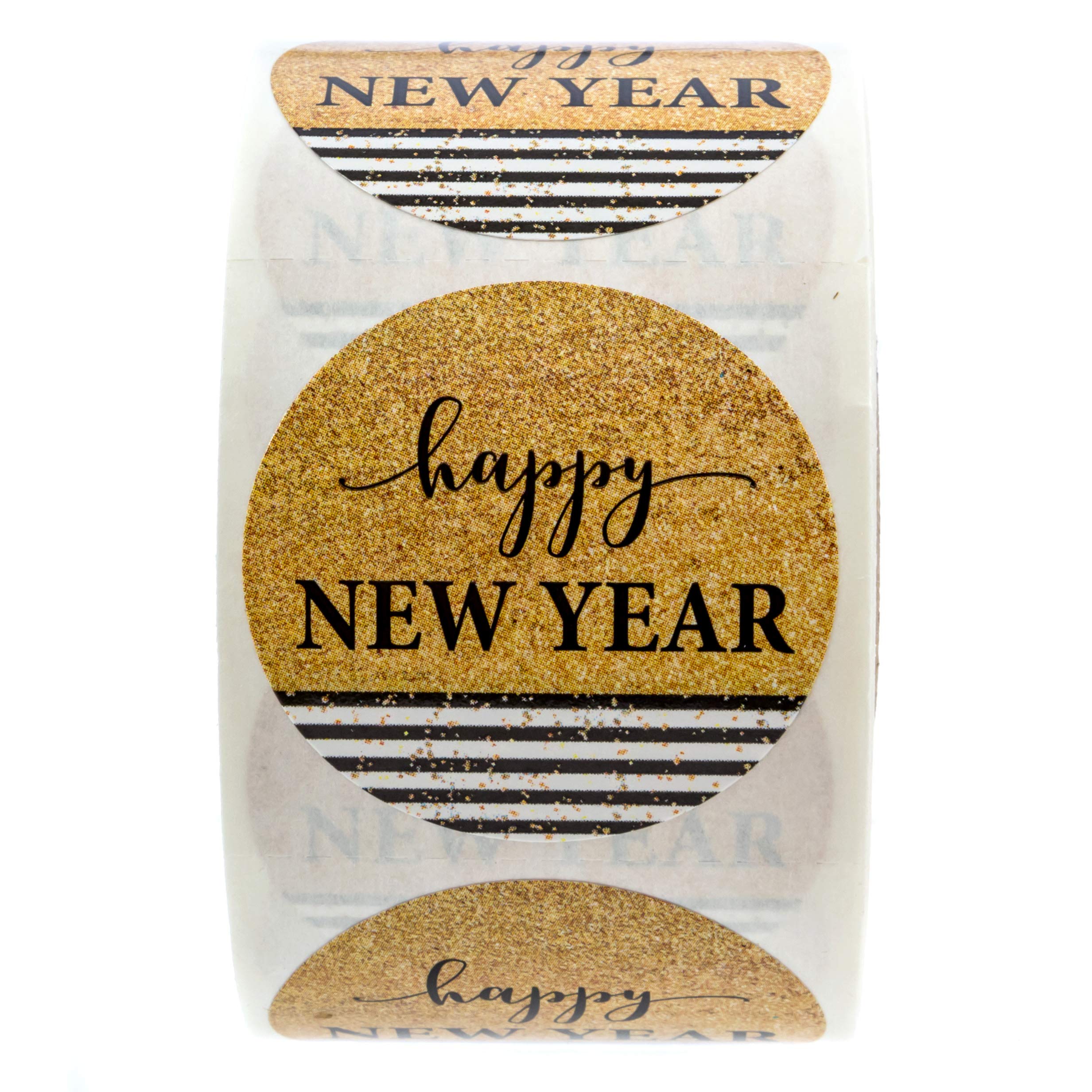 Black & Gold Happy New Year Stickers/500 New Year Labels/Happy New Year Faux Glitter Sticker