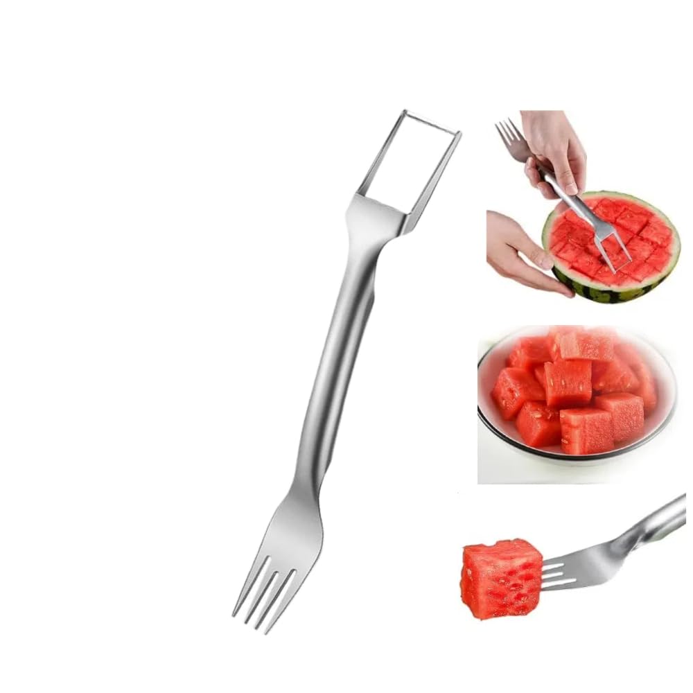 2-in-1 Stainless Steel Fruit Cutter, 2024 Upgrade Portable Watermelon Fork Slicer Cutter Melon Cube Cutter, Stainless Steel 2-in-1 Watermelon Fork Slicer, Dual Head Fruit Forks Slicer Knife (1 Pack)