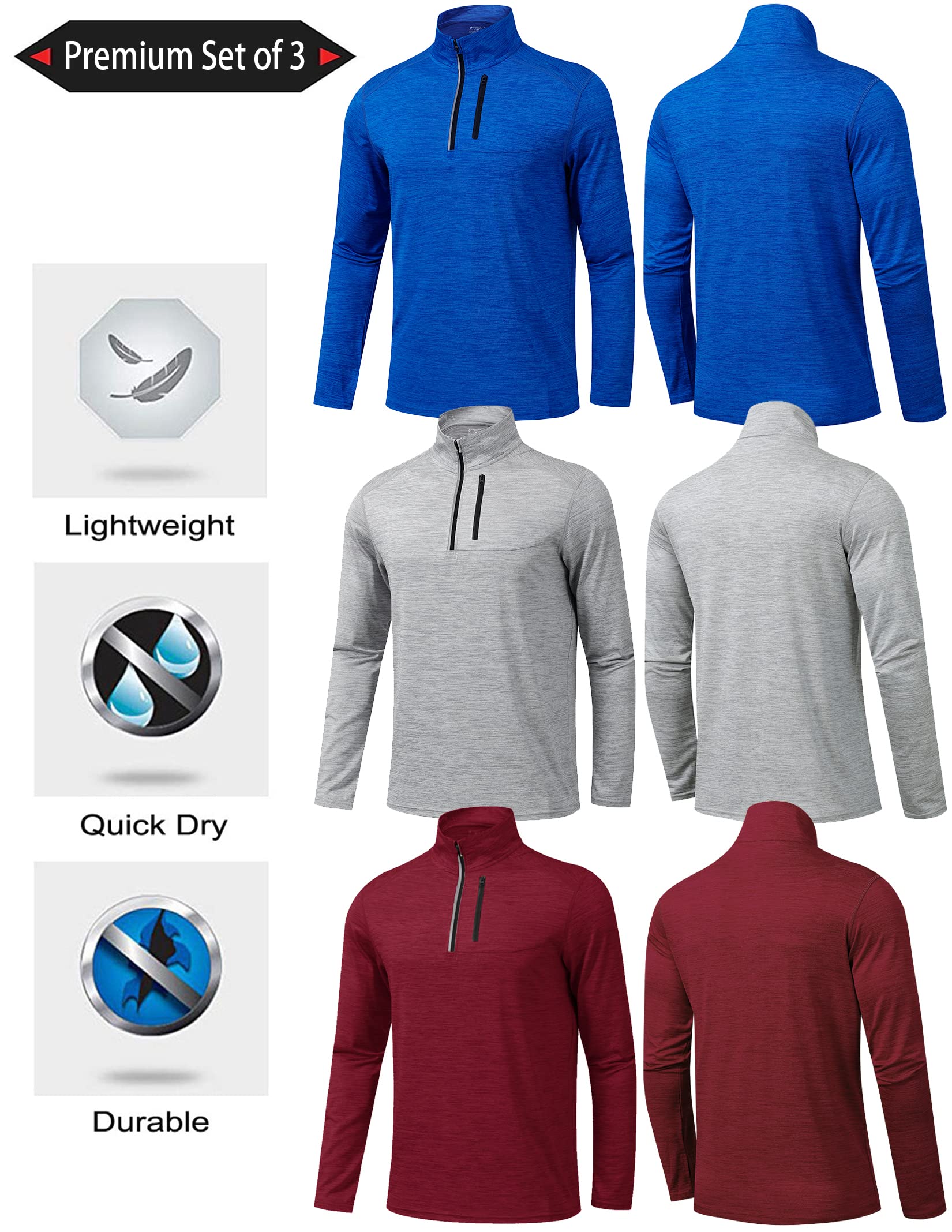 3 Pack: Men's Quarter 1/4 Zip Pullover Long Sleeve Workout Jackets, Athletic Dry Fit Running Shirts (Set 2, Large)