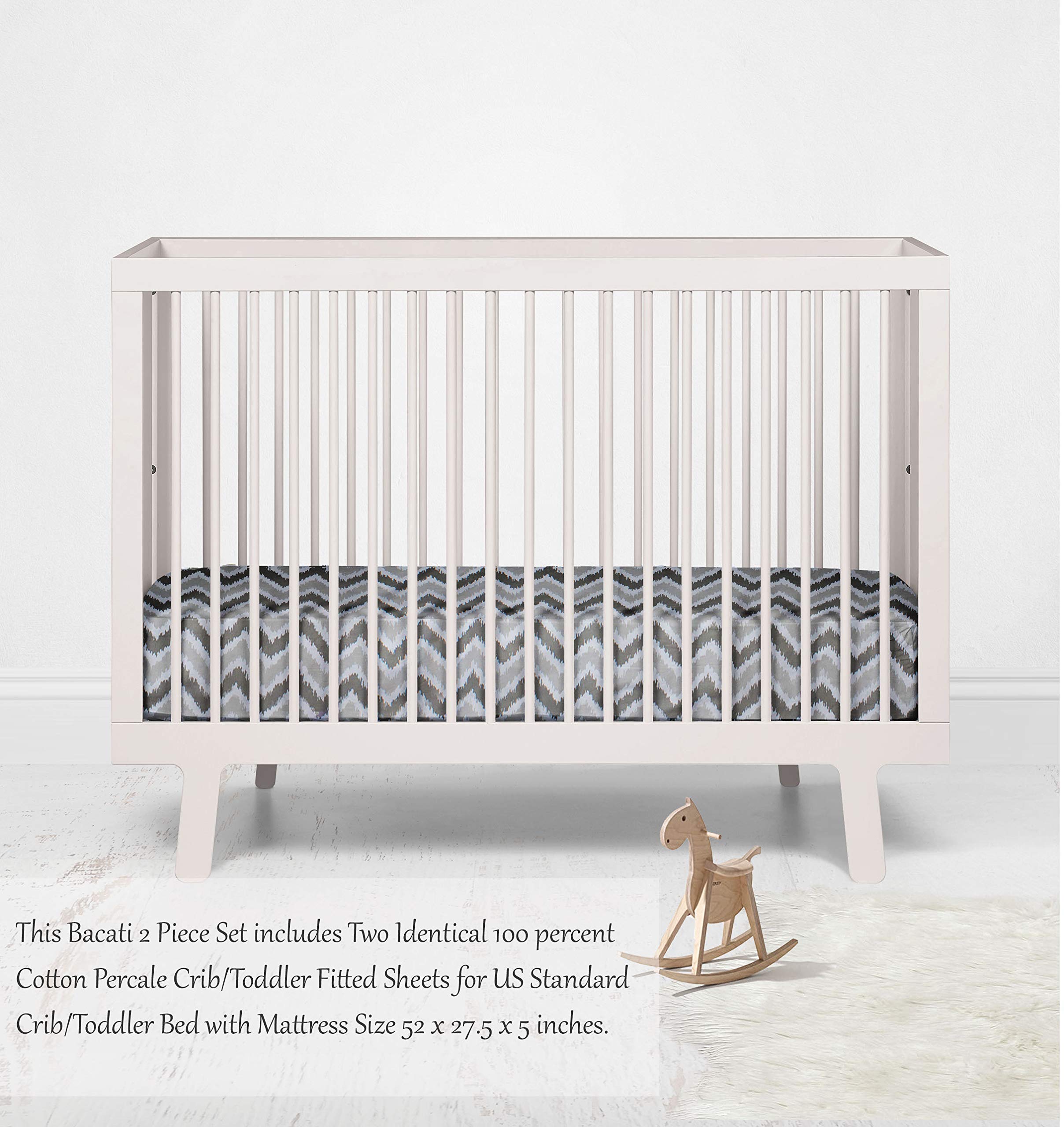 Bacati - 2 Pack Crib Fitted Sheets - Mix and Match Ikat Zigzag Chevron Soft Breathable 100% Cotton Percale Baby Sheets - Fits Standard 28 x 52 X 5 inches Crib & Toddler Mattresses (Grey)