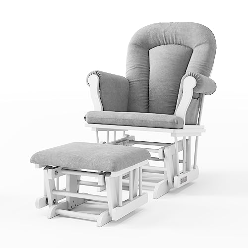 Child Craft Cozy Glider Rocker and Ottoman Set, Padded Cushion with Storage Pockets, Solid Wood Base, Matte White with Light Gray Cushion