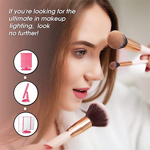 Beautyworks Backlit Makeup Vanity Mirror 36 LED Lights Touch-Screen Light Control, Tri-Fold 1/2/3X Magnification, Portable High-Definition Clarity Cosmetic Light Up Magnifying Mirror (Pink)