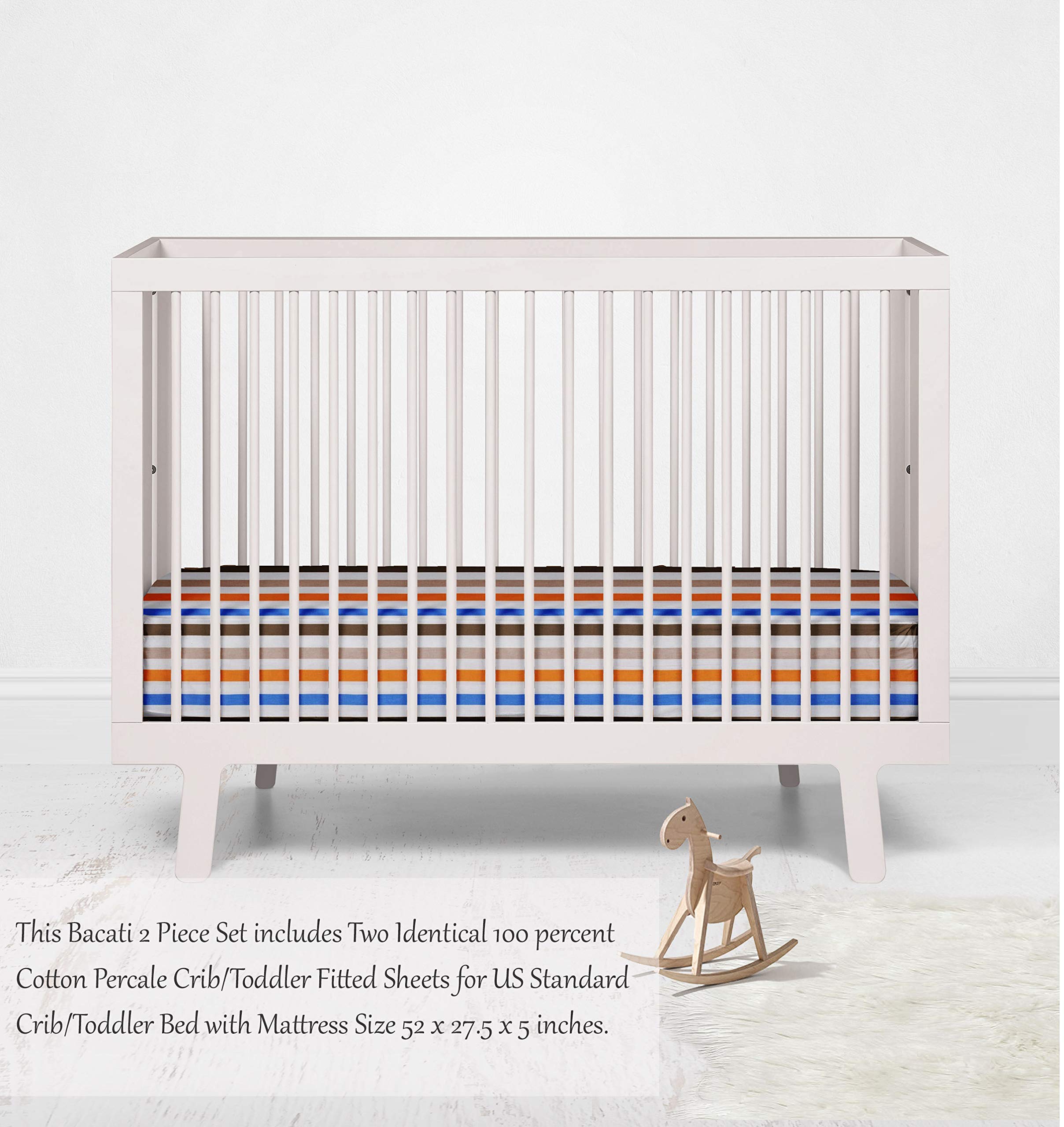 Bacati - 2 Pack MOD Sports Boys 100% Cotton Percale Universal Baby US Standard Crib or Toddler Bed Fitted Sheets (Stripes, Blue Orange Chocolate Brown)