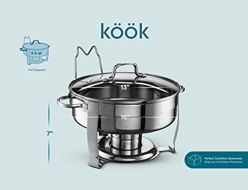 Kook Stainless Steel Chafing Dish Buffet Set, with Glass Viewing Lid and Built-In Lid Holder, Round Food Warming Tray, For Parties, Dinners and Catering, 4.5 Qt