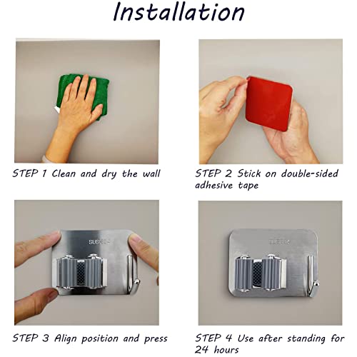 Broom Mop Stainless Wall Mount Holder with Mopping Cloth Hooks Self Adhesive Tape, Brush Broom Gripper Holds , Storage Racks & Organization Hooks for Your Home Kitchen Garage Garden Tool Rack 2 Pack