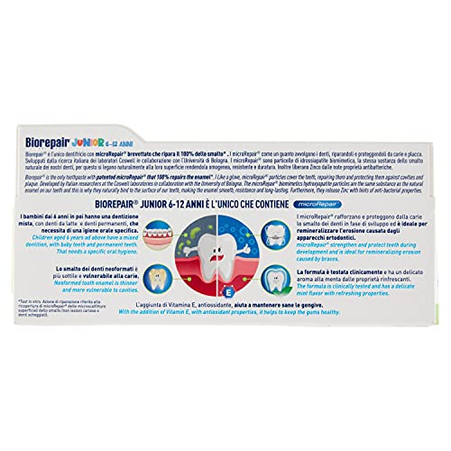 Biorepair: Oral Care Junior 7-14 Years Toothpaste, Fluoride Free, with Mint Extract - 2.53 Fluid Ounces (75ml) Tube [ Italian Import ]