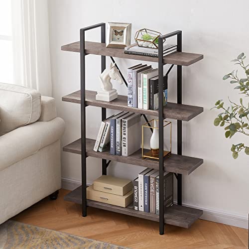 IBF Solid Wood Bookshelf, 4 Tier Natural Real Wood Bookcase, Modern Rustic Industrial Open Book Shelf, Tall Farmhouse Wooden Etagere Bookcase for Office Living Room Bedroom, Distressed Grey and Black