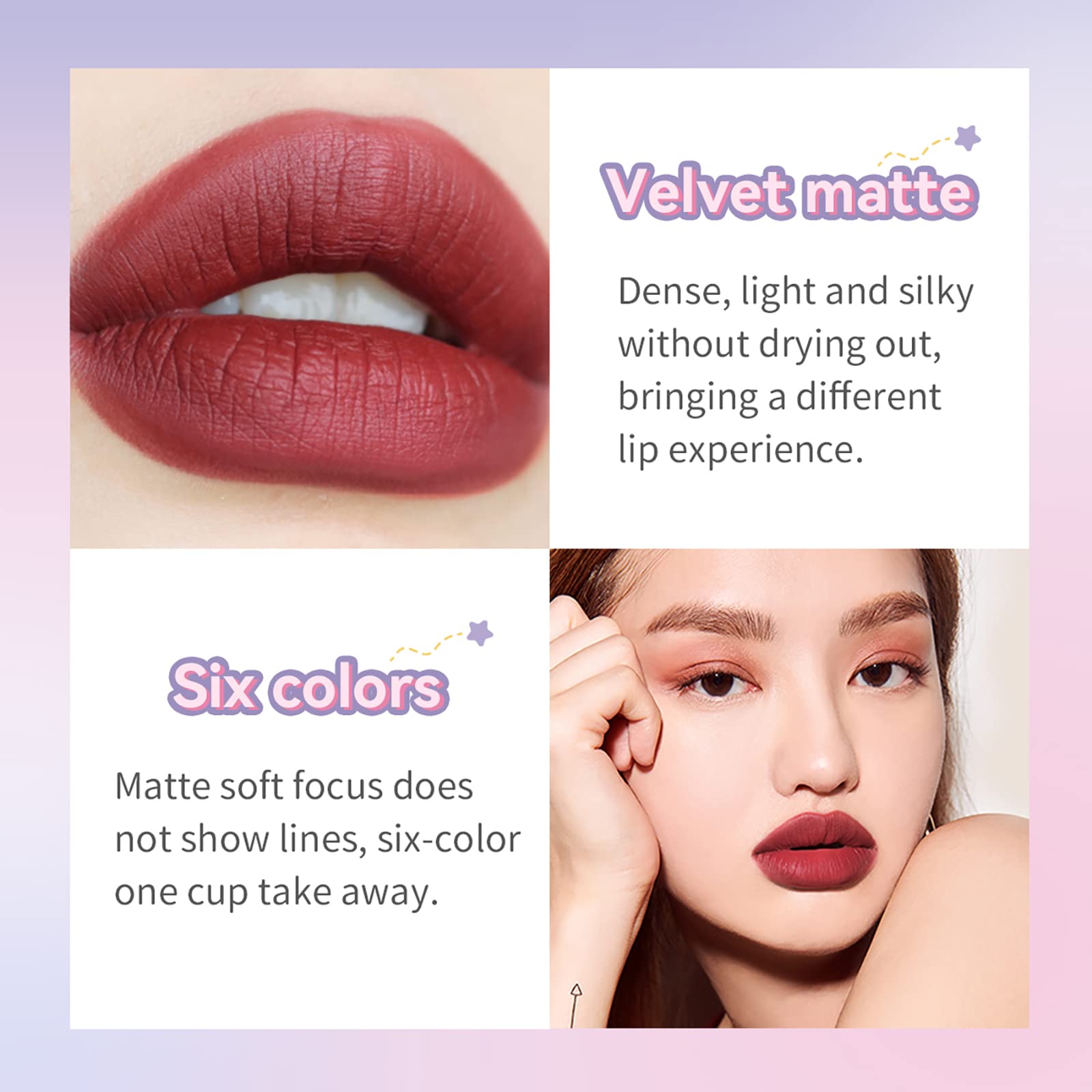 AKARY 6 Colors Mini Lipstick Set, High Pigment Stars Candy Matte Multicolor Red Lips Velvety Soft Lip Stick Waterproof Long Lasting Cute Capsule Lip Gloss, Non-Stick Cup Lip Makeup Gift Set for Women Girls