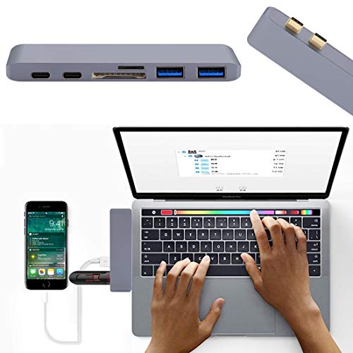 Leya-US Spare Part 6 in 1 Multi-Function Aluminium Alloy 5Gbps Transfer Rate Dual USB-C/Type-C HUB Adapter with 2 USB 3.0 Ports & 2 USB-C/Type-C Ports & SD Card Slot & TF Card Slot Compatible for