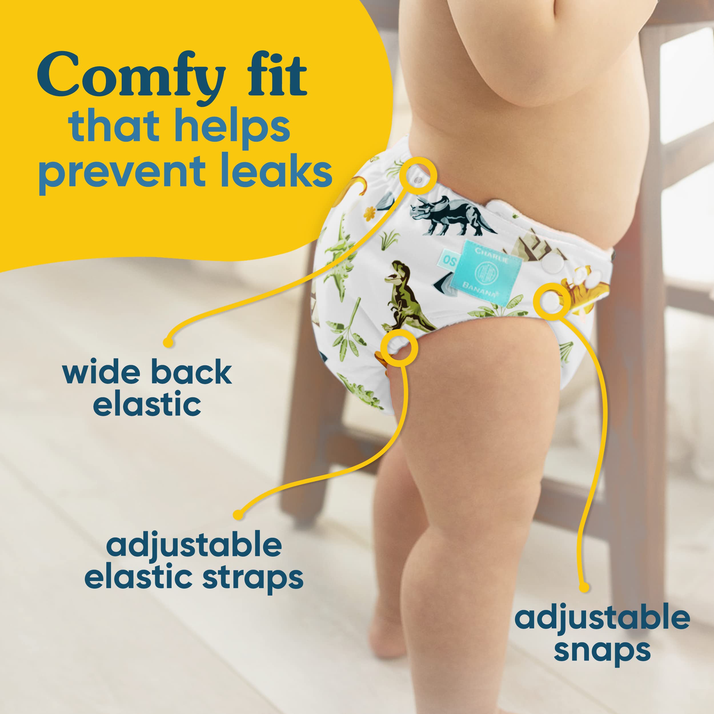 Charlie Banana Baby Washable and Reusable Cloth Diapers, 1 Soft Pocket Diapers and 2 Absorbent Inserts, One-Size, Dinosaurs