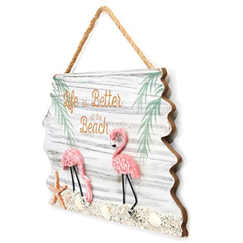 Juvale Flamingo and Life is Better at The Beach Hanging Wall Decoration (14 x 9 Inches)