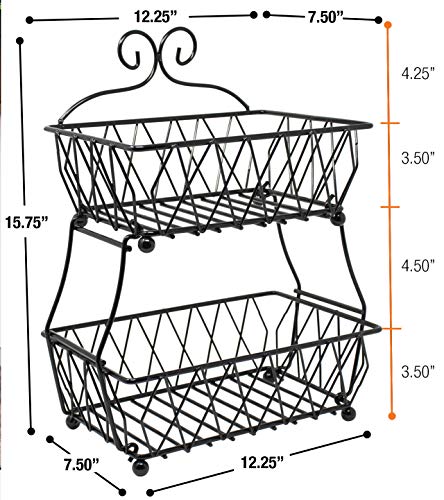 Sorbus Fruit Basket Display Stand, 2-Tier, for Vegetable, Fruit & Bread Counter Storage for Kitchen, Bathroom, Rectangular Antique Metal (Black)