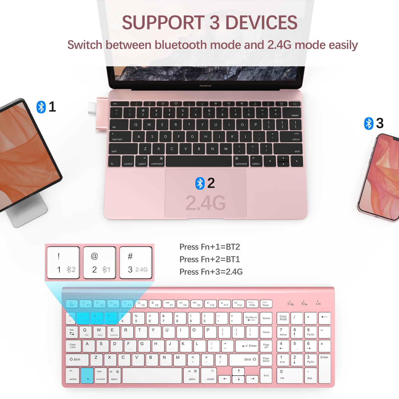 JOYACCESS Bluetooth Keyboard, Pink Wireless Keyboard with Number Pad, Dual Mode Slim Keyboard Connects Up to 3 Devices for iMac/Mac,MacBook, iPad,Laptop,Android,Windows